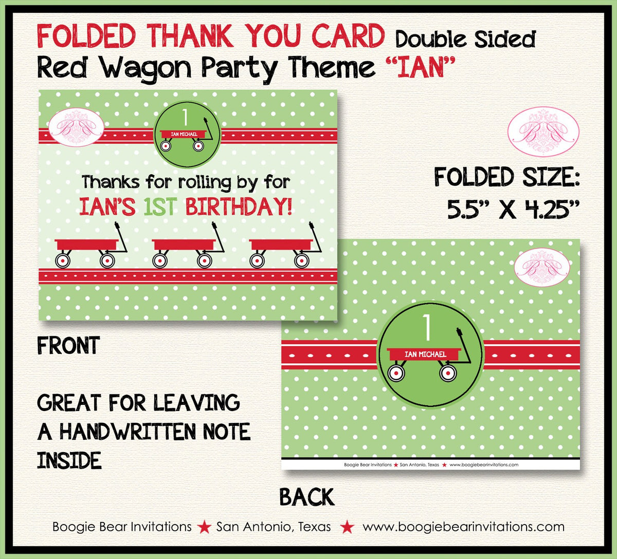 Red Wagon Birthday Party Thank You Card Birthday Green Modern Boogie B ...