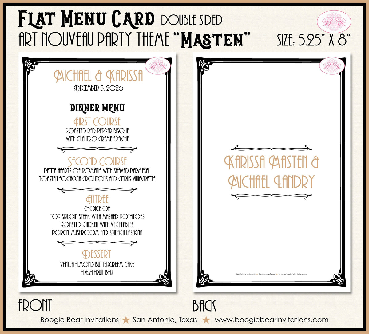 Art Nouveau Wedding Menu Cards Party Food Entree Plate Dinner Black Go ...