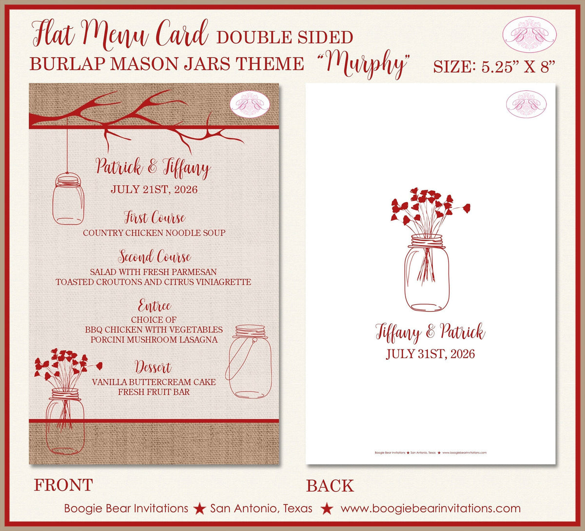Mason Jars Wedding Menu Cards Party Food Entree Plate Dinner Country R ...