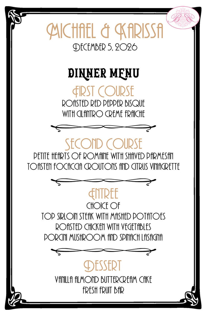 Art Nouveau Wedding Menu Cards Party Food Entree Plate Dinner Black Go ...