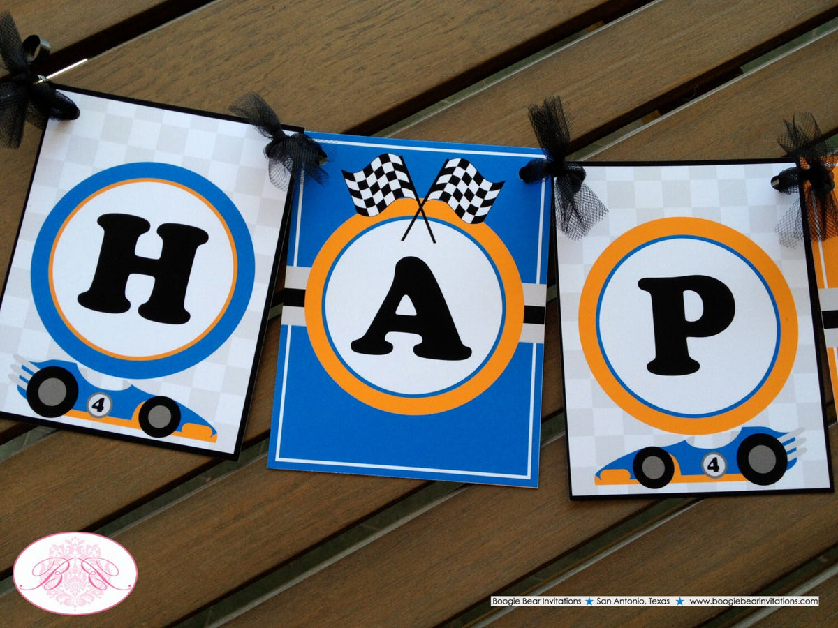 Race Car Happy Birthday Party Banner Driver Orange Black Blue Racing R ...