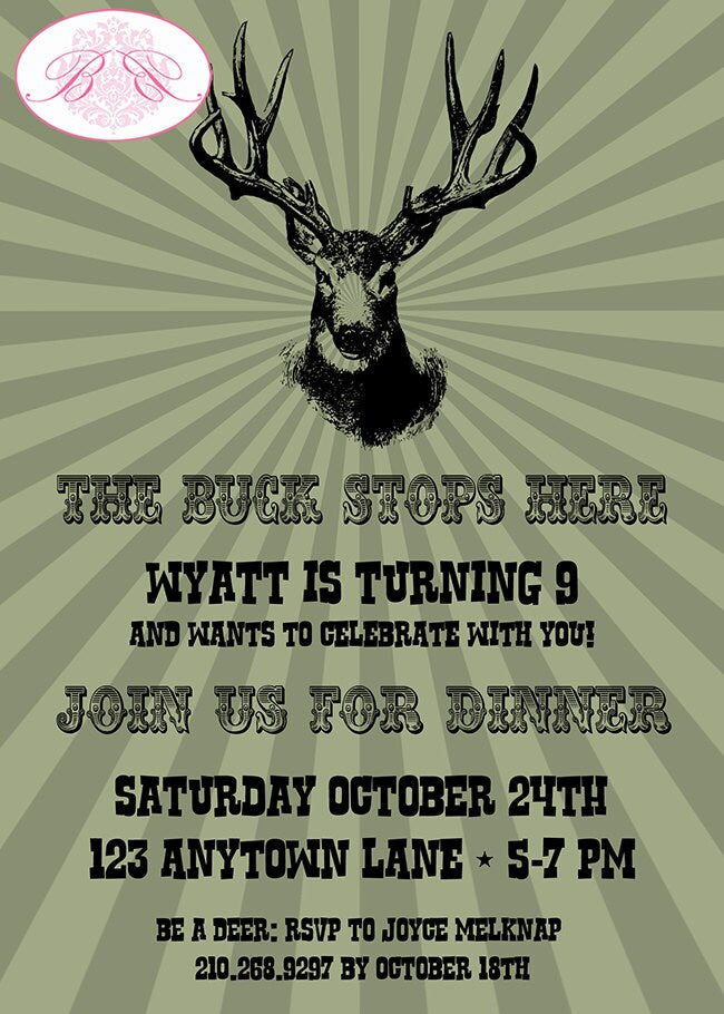 Deer Hunting Birthday Party Invitation Buck Elk Hunting Trip Bust Head ...