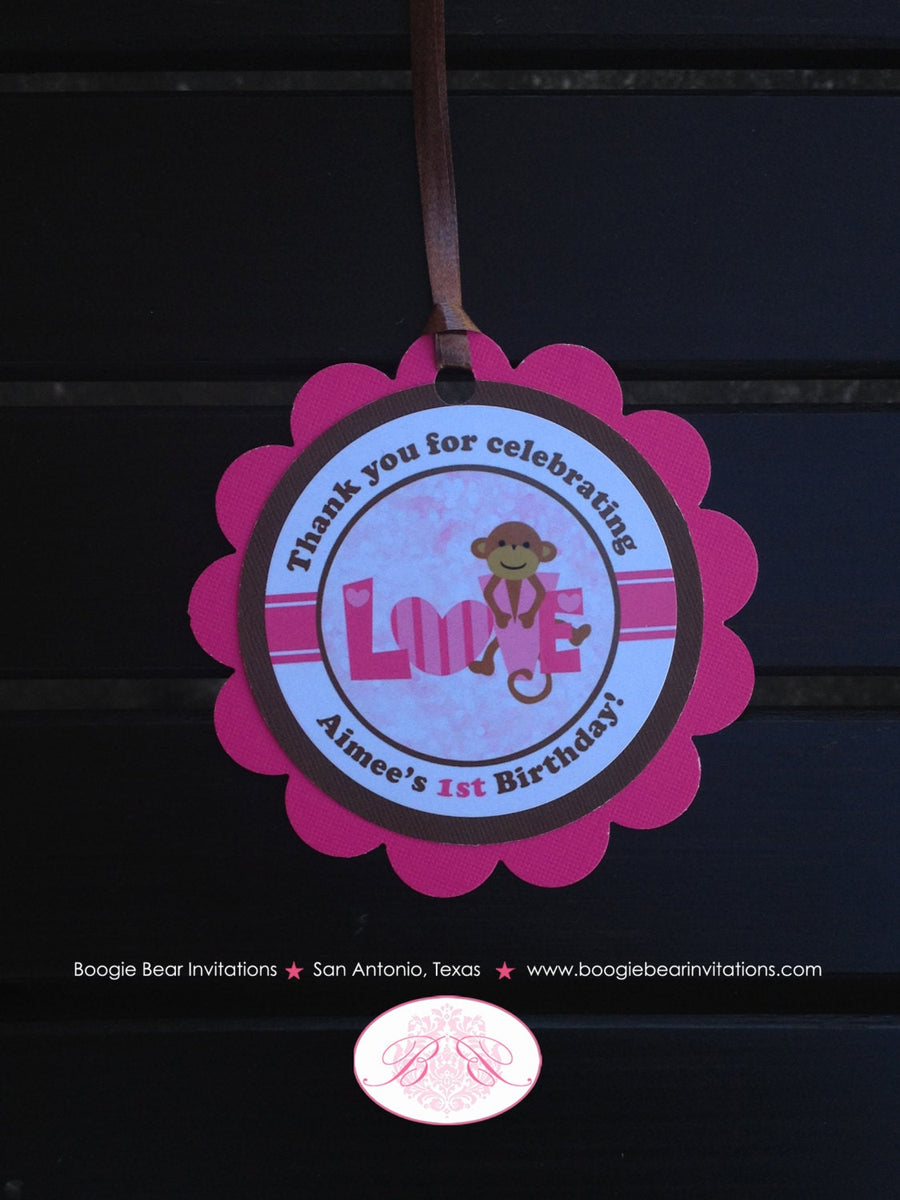 Pink Monkey Birthday Party Favor Tags Love Valentine's Day Brown Heart ...