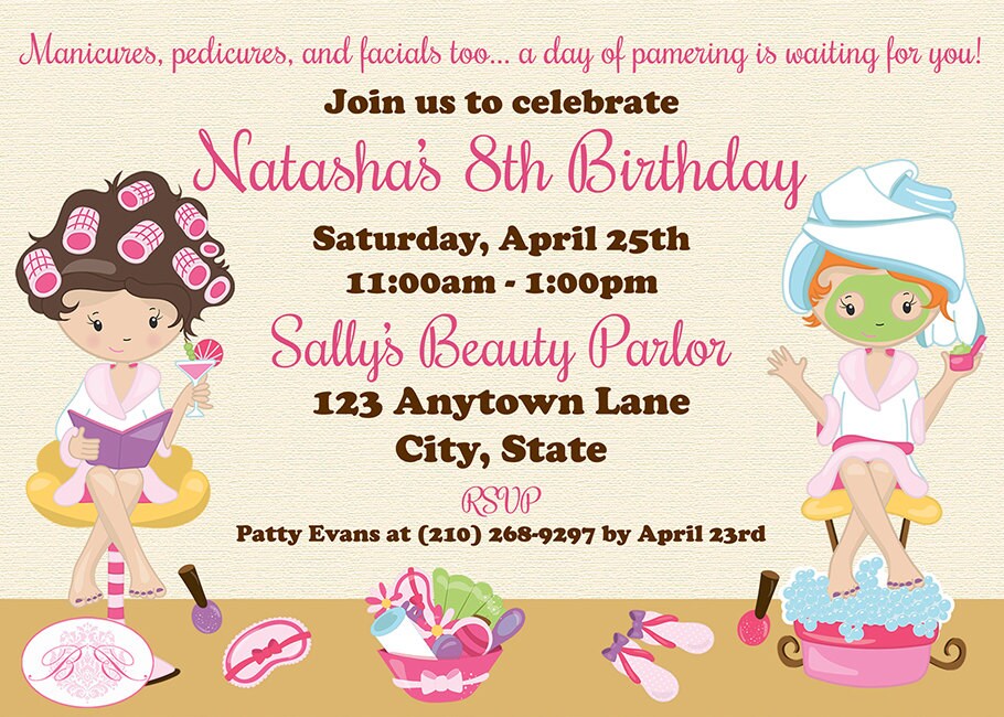 Pink Spa Birthday Party Invitation Girl Facial Beauty Pedicure Manicur ...
